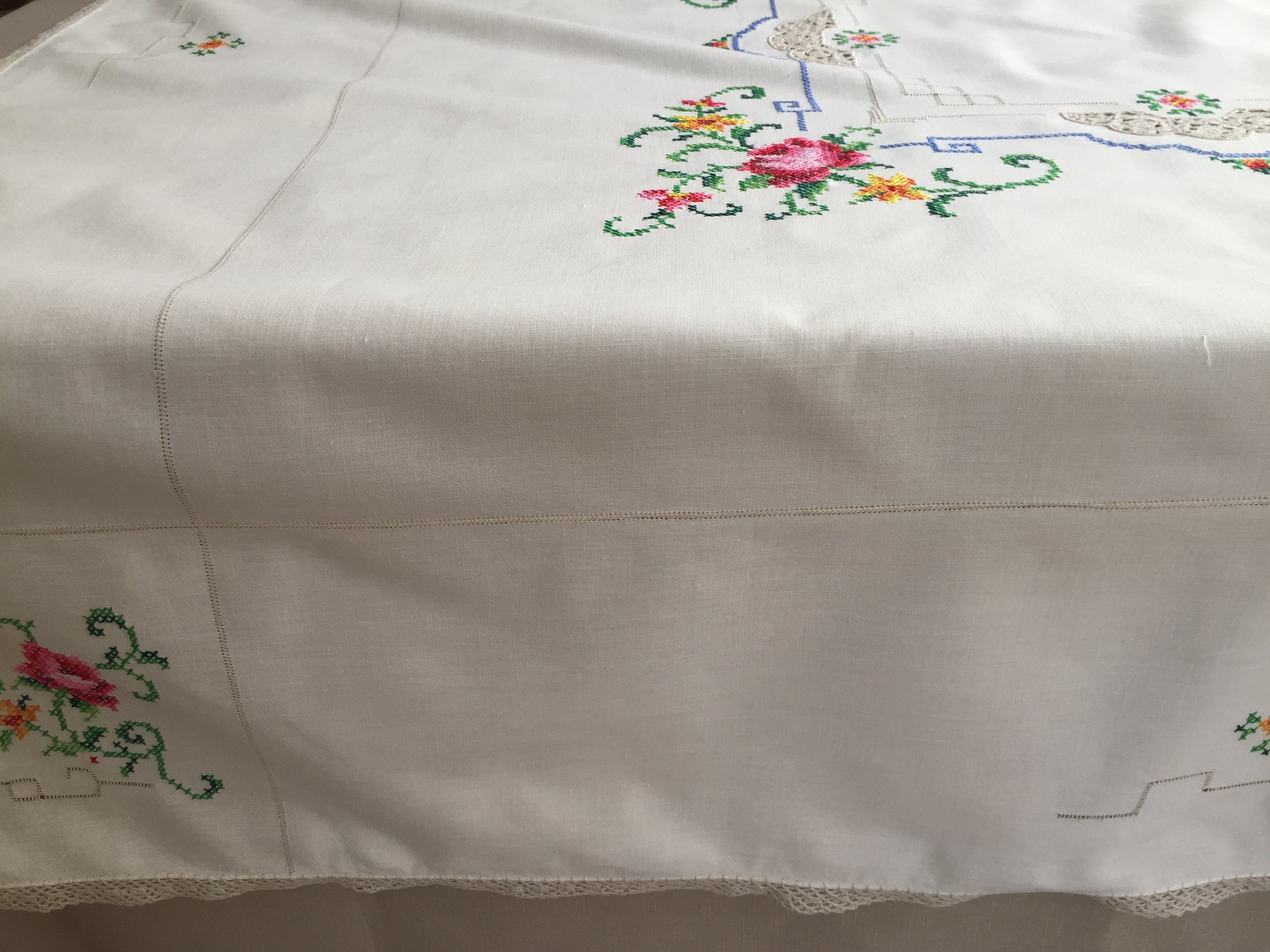 Large Hand Embroidered Ivory Cotton Linen Tablecloth With - Etsy