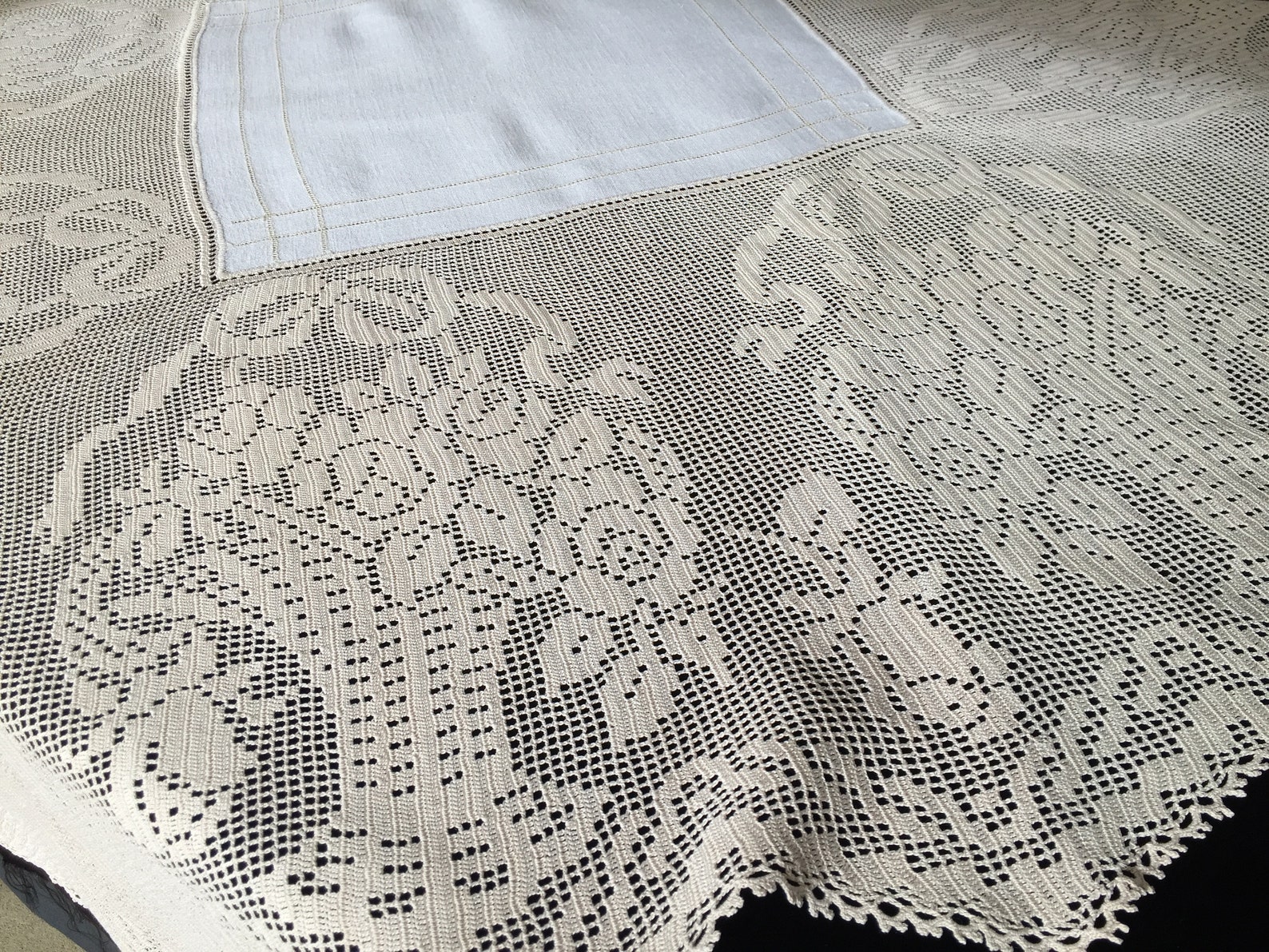Filet Crochet Lace Tablecloth With Linen Centre and Art Deco - Etsy