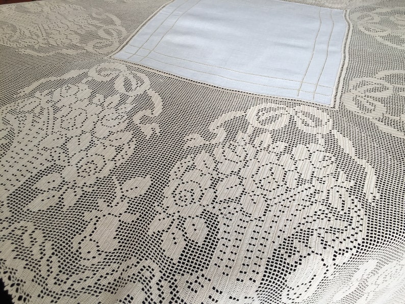 Filet Crochet Lace Tablecloth With Linen Centre and Art Deco - Etsy