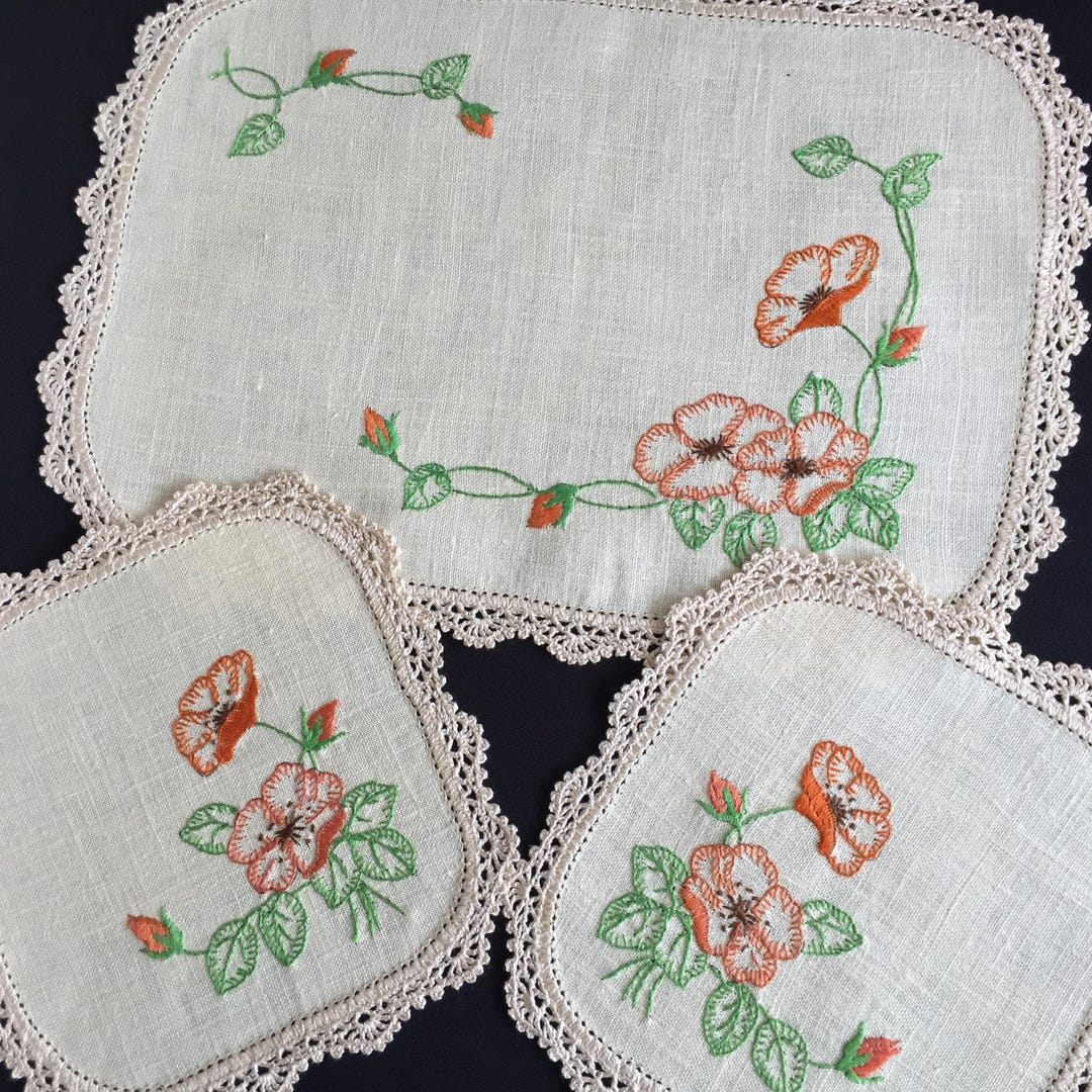 Vintage Embroidered 3 Piece Duchess Set With Orange Floral Pattern - Etsy