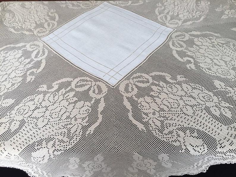 Filet Crochet Lace Tablecloth With Linen Centre and Art Deco - Etsy