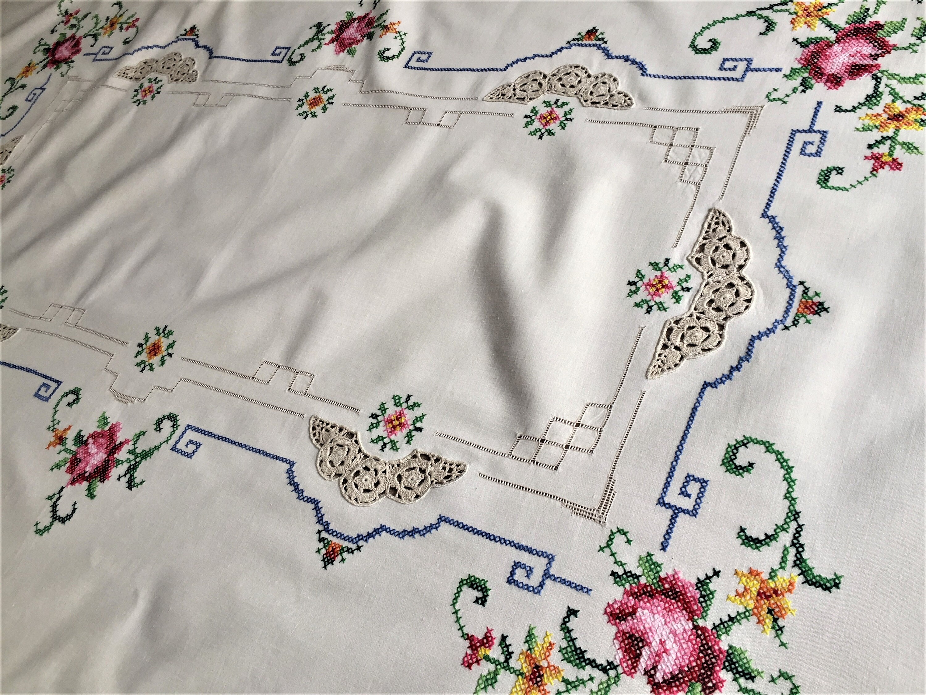 Large Hand Embroidered Ivory Cotton Linen Tablecloth With - Etsy