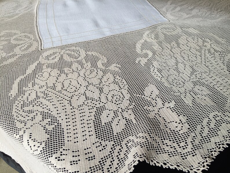 Filet Crochet Lace Tablecloth With Linen Centre and Art Deco - Etsy