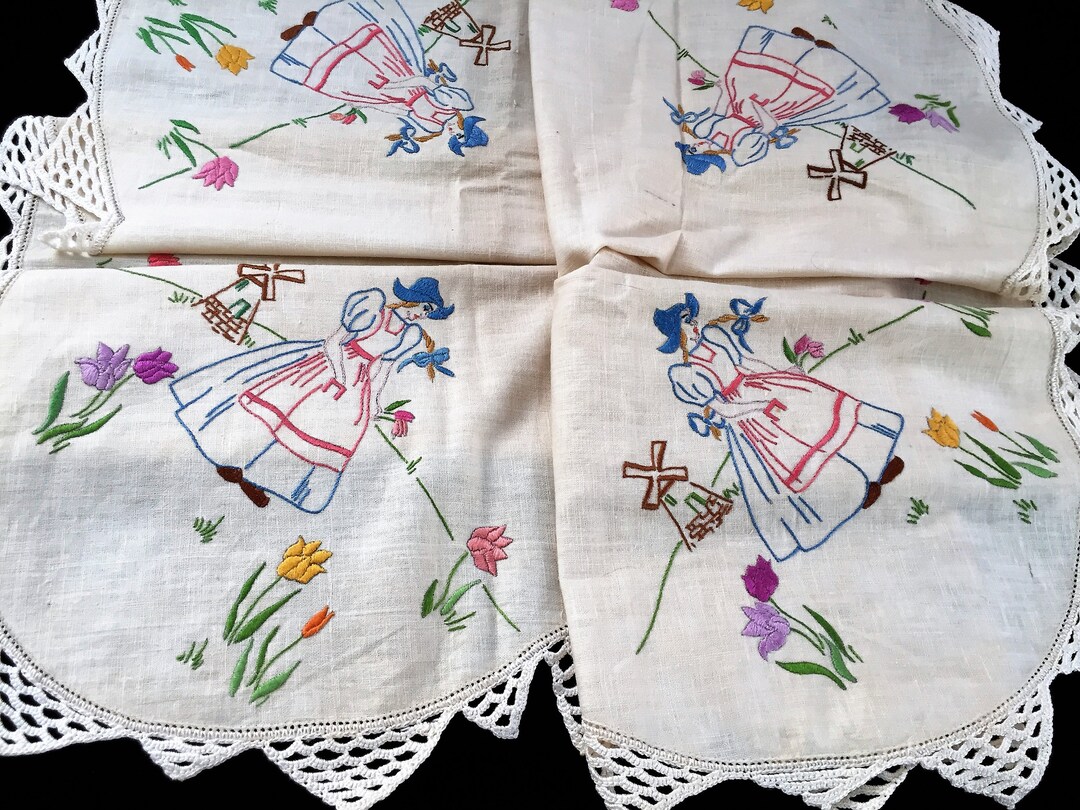 Unused Vintage Embroidered Linen Tablecloth With Tulips, Windmill and ...