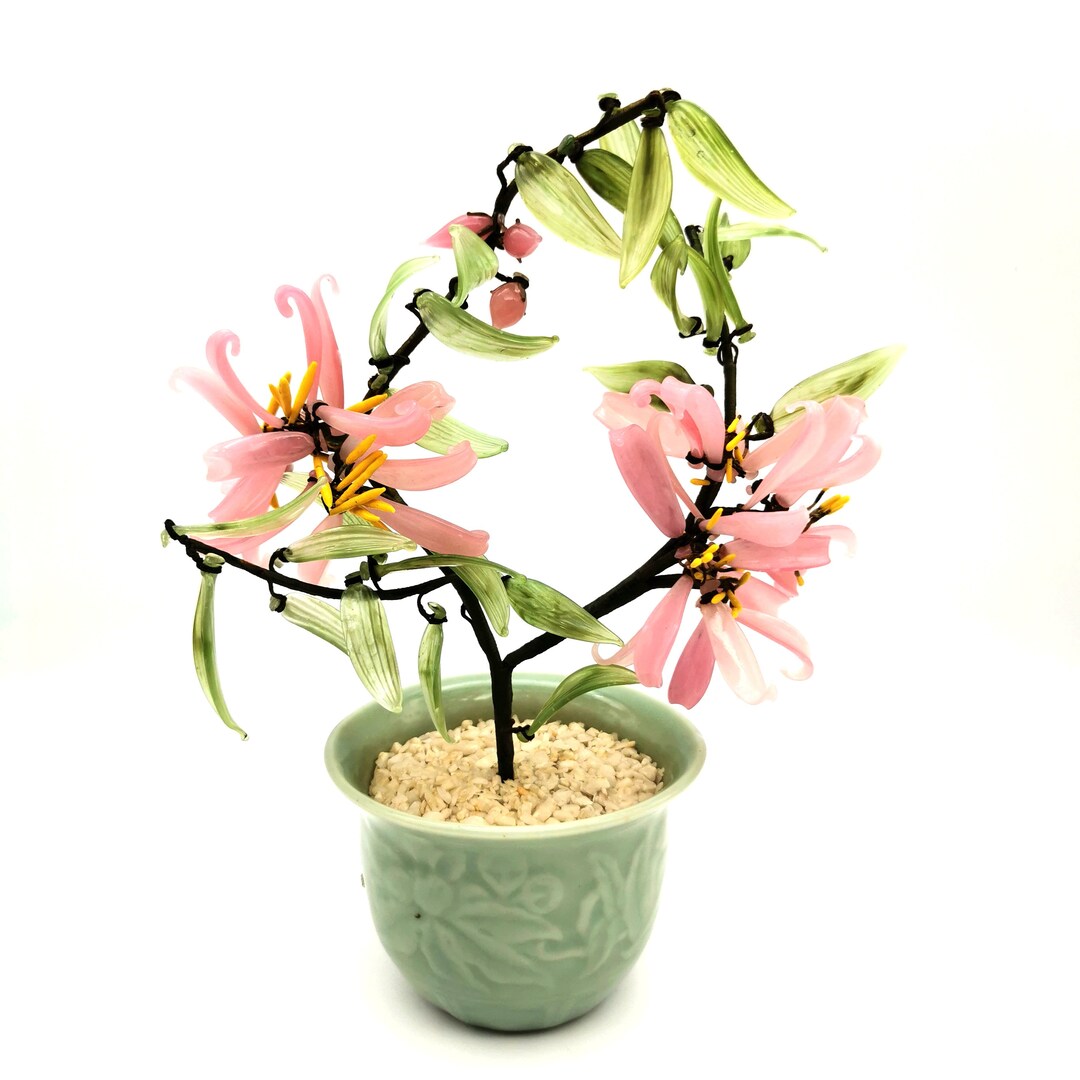 Vintage Asian Bonsai Agate Glass Tree With Jade Colour Leaves. Chinese ...