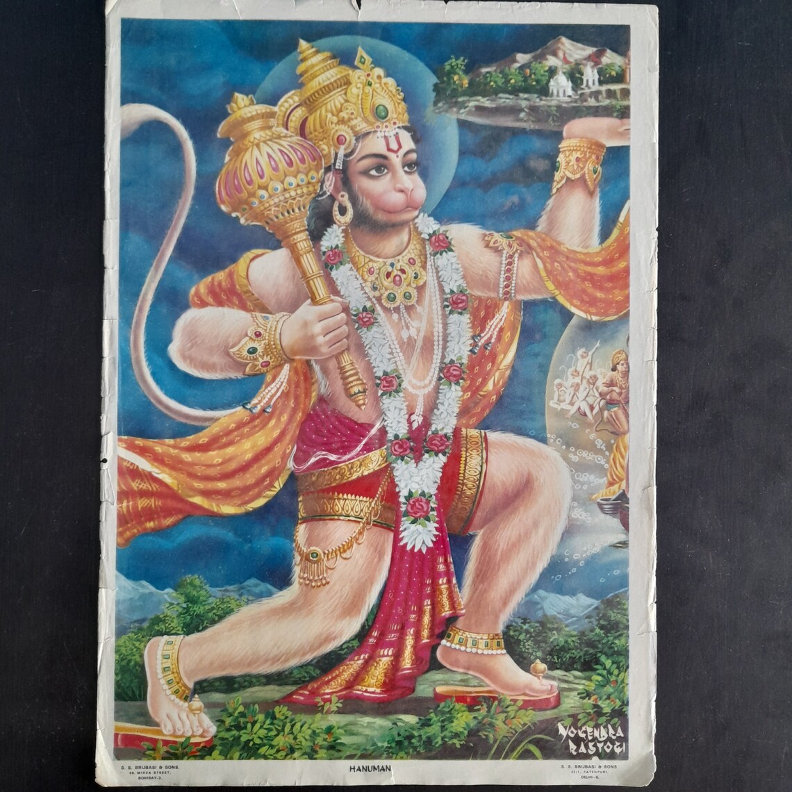 Vintage Antique Hindu God Poster of Lord Hanuman Carrying the - Etsy