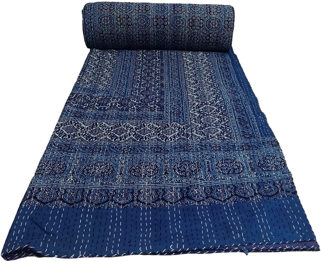 Handmade Ajrak Kantha Quilt: Bohemian Indian Cotton Bedspread, Twin Size - Etsy