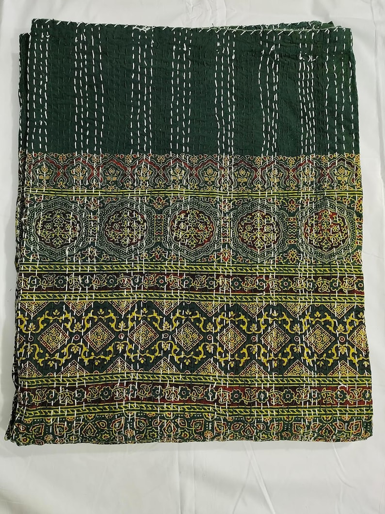 Handmade Ajrak Kantha Quilt: Indian Cotton Bedspread - Twin/single - Etsy