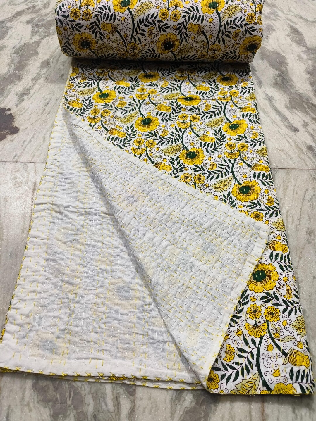 Yellow Flower Print Kantha Quilt: Lightweight King Size Cotton ...