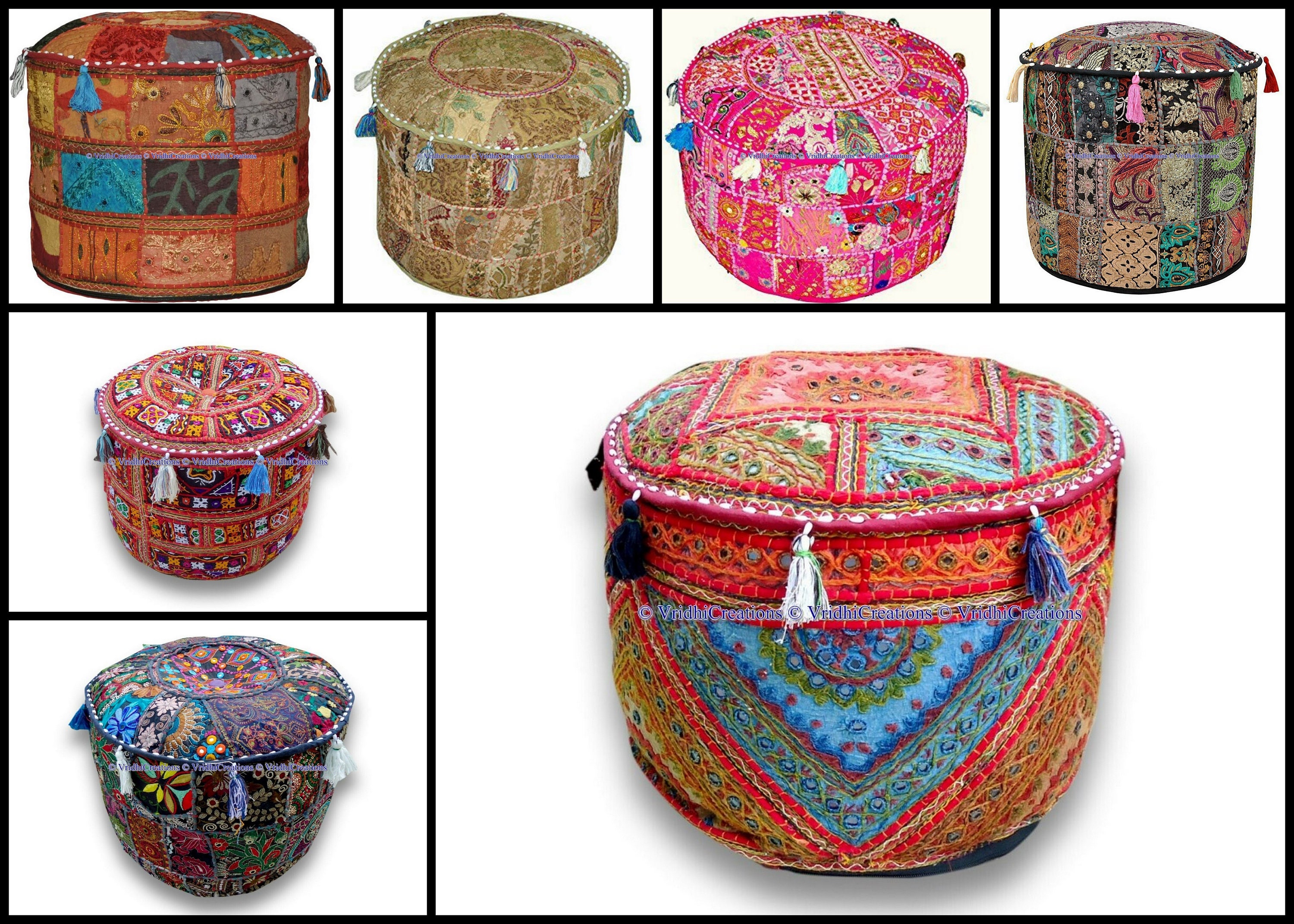 Indian Cotton Handmade Patchwork Round Pouf Cover Ottoman Foot | Etsy
