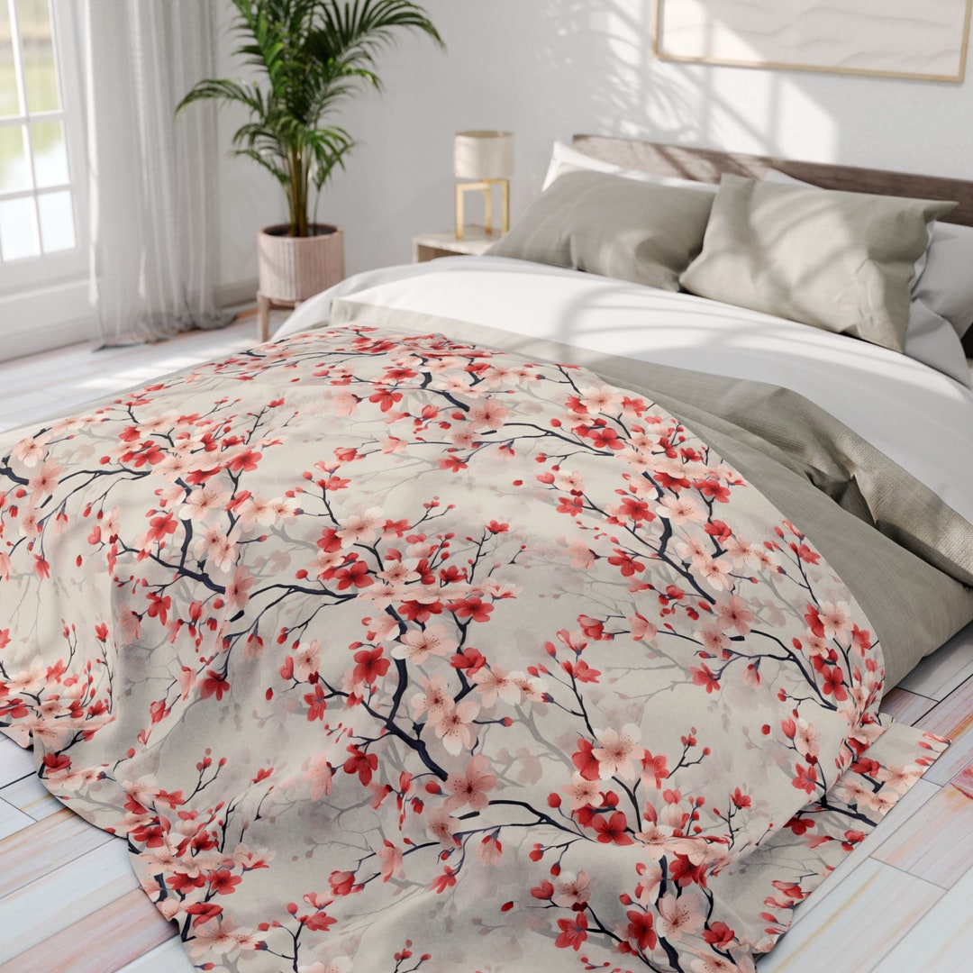 Japanese Flowers Blanket, Sakura Throw Blanket, Cherry Blossom Fleece ...