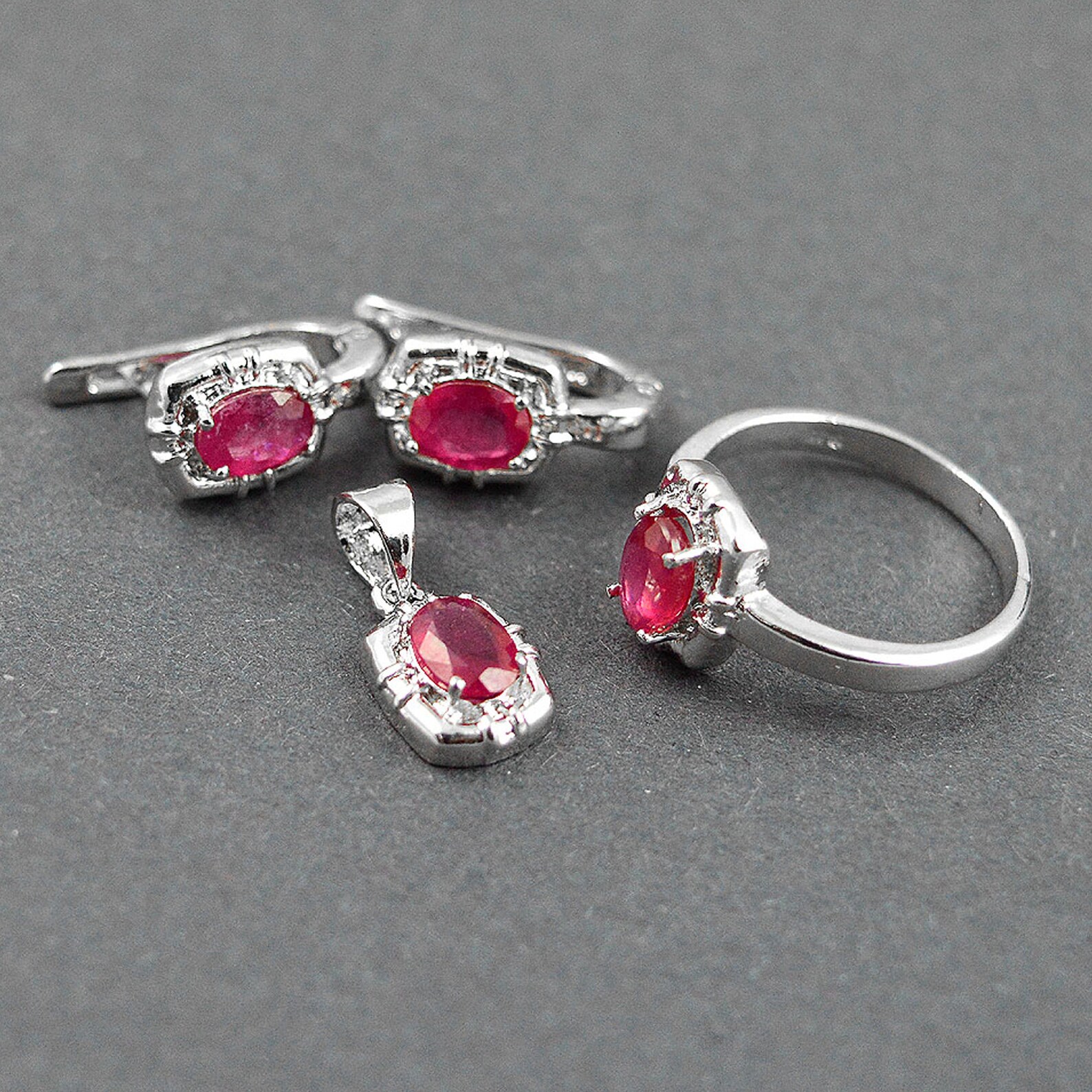 Natural Ruby Ring Earrings Pendant Set-925 Silver Set-Wedding | Etsy