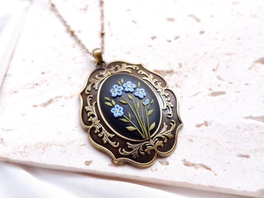 Forget-me-not Flower Clay Embroidery Pendant Necklace, Vintage Polymer ...