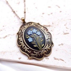 Forget-me-not Flower Clay Embroidery Pendant Necklace, Vintage Polymer ...
