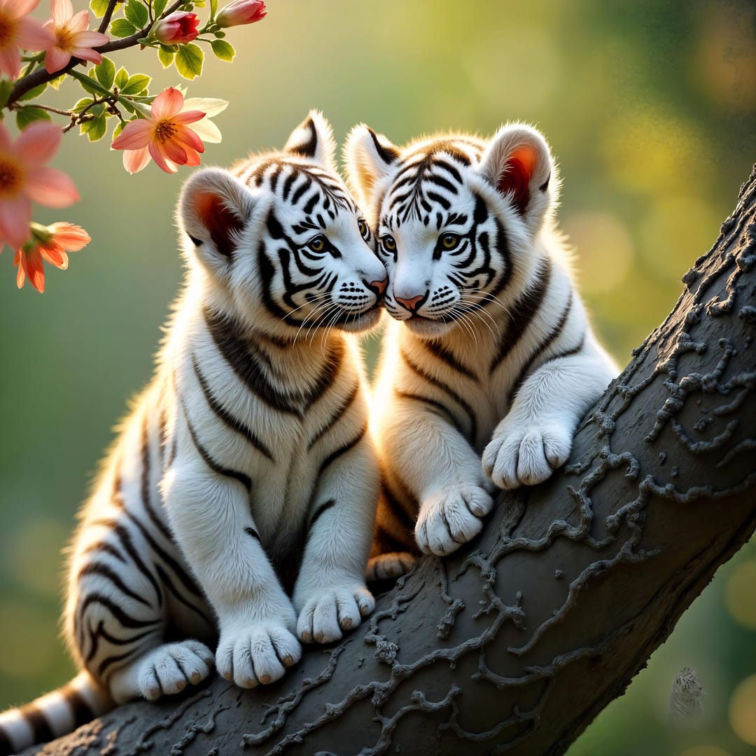 Cute White Tiger Cubs on a Tree,digital Art , Cute Tiger, Wall Art, AI ...
