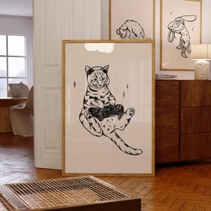 Gaming Cat Art Print | Retro Print | Cat Print | Vintage Art | Gaming ...