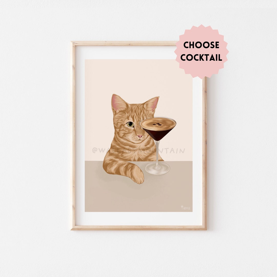 Cocktail Cat Print, Ginger Cat Art Print, Funny Cat Print, Cat Poster ...