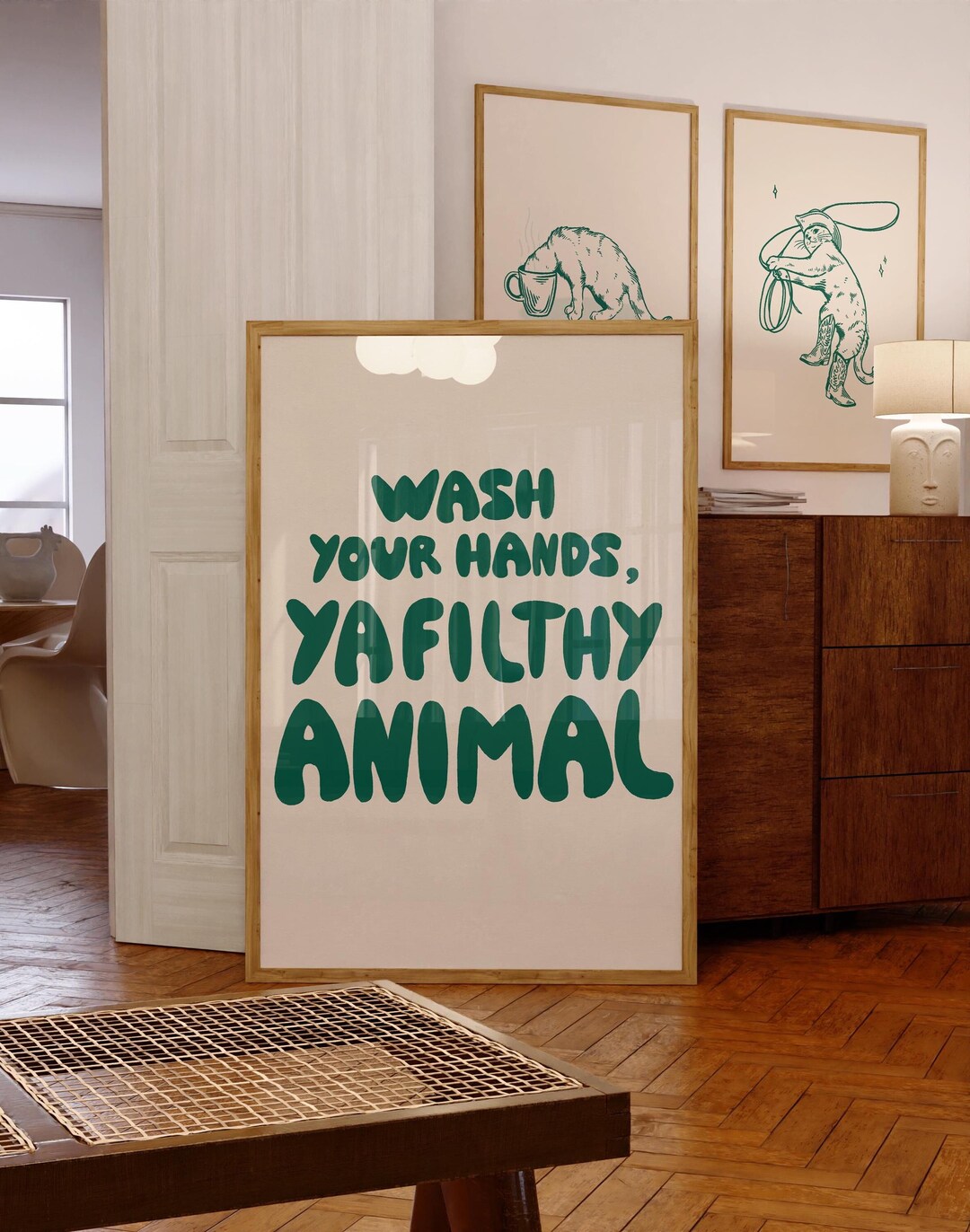 Wash Your Hands Art Print Green | Retro Print | Funny Bathroom Print ...