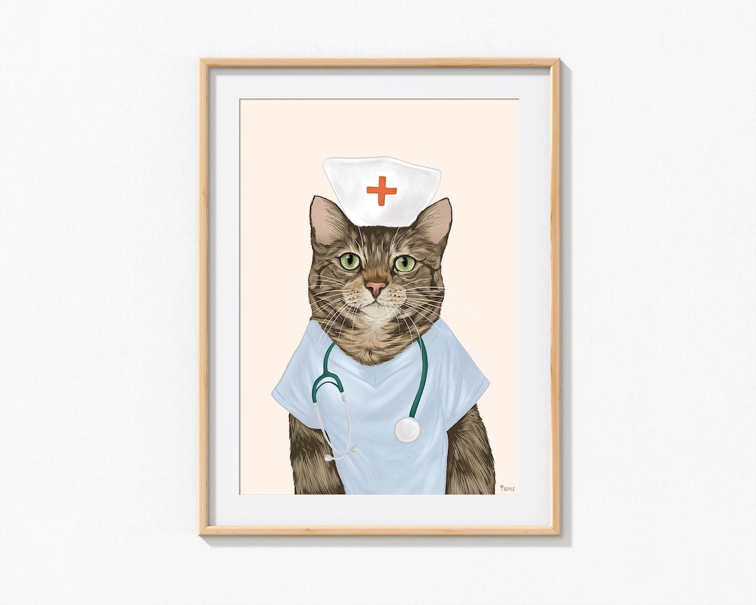 Nurse Cat Print, Cat Wall Art, Cat Poster, Gift for Nurse, Tabby Cat ...