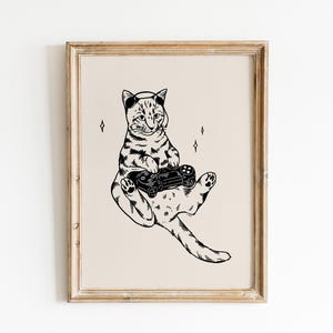 Gaming Cat Art Print | Retro Print | Cat Print | Vintage Art | Gaming ...