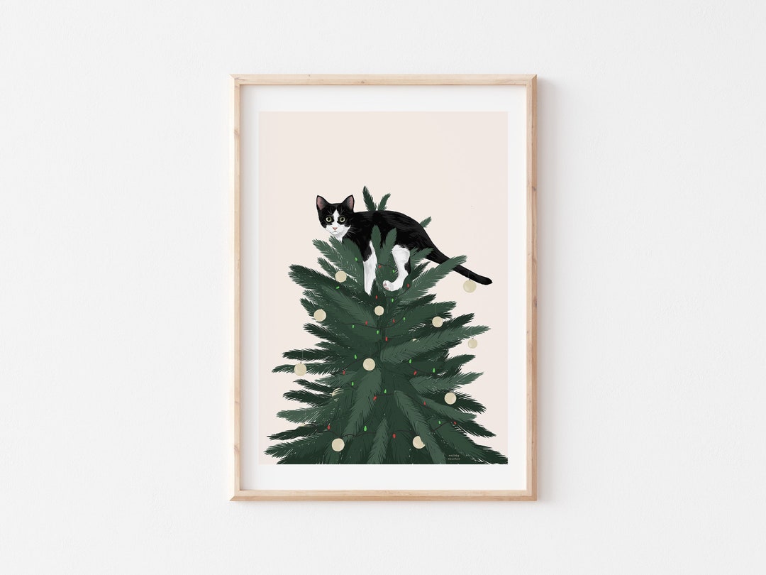 Christmas Cat Print, Cat Wall Art, Cheeky Cat Art, Christmas Wall Decor ...