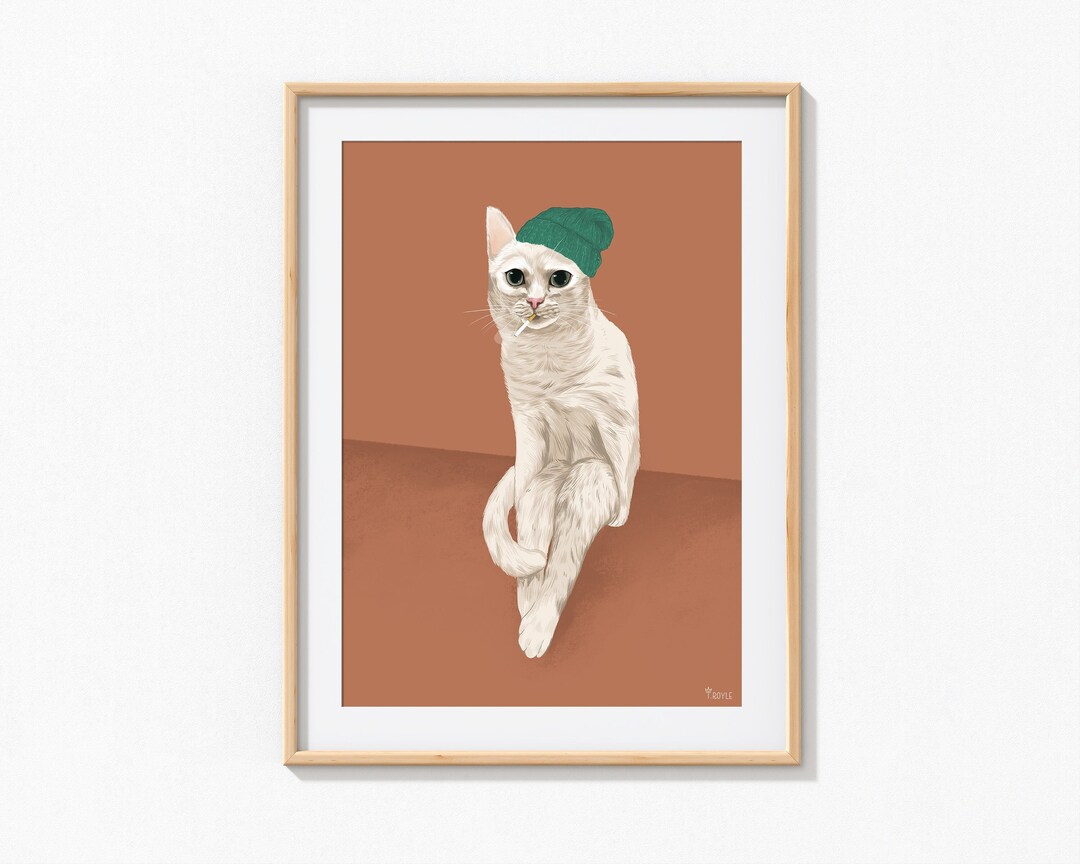 Cute Cat Sitting Smoking a Cigarette, Cat Humor, Hipster Cat Print, Cat ...