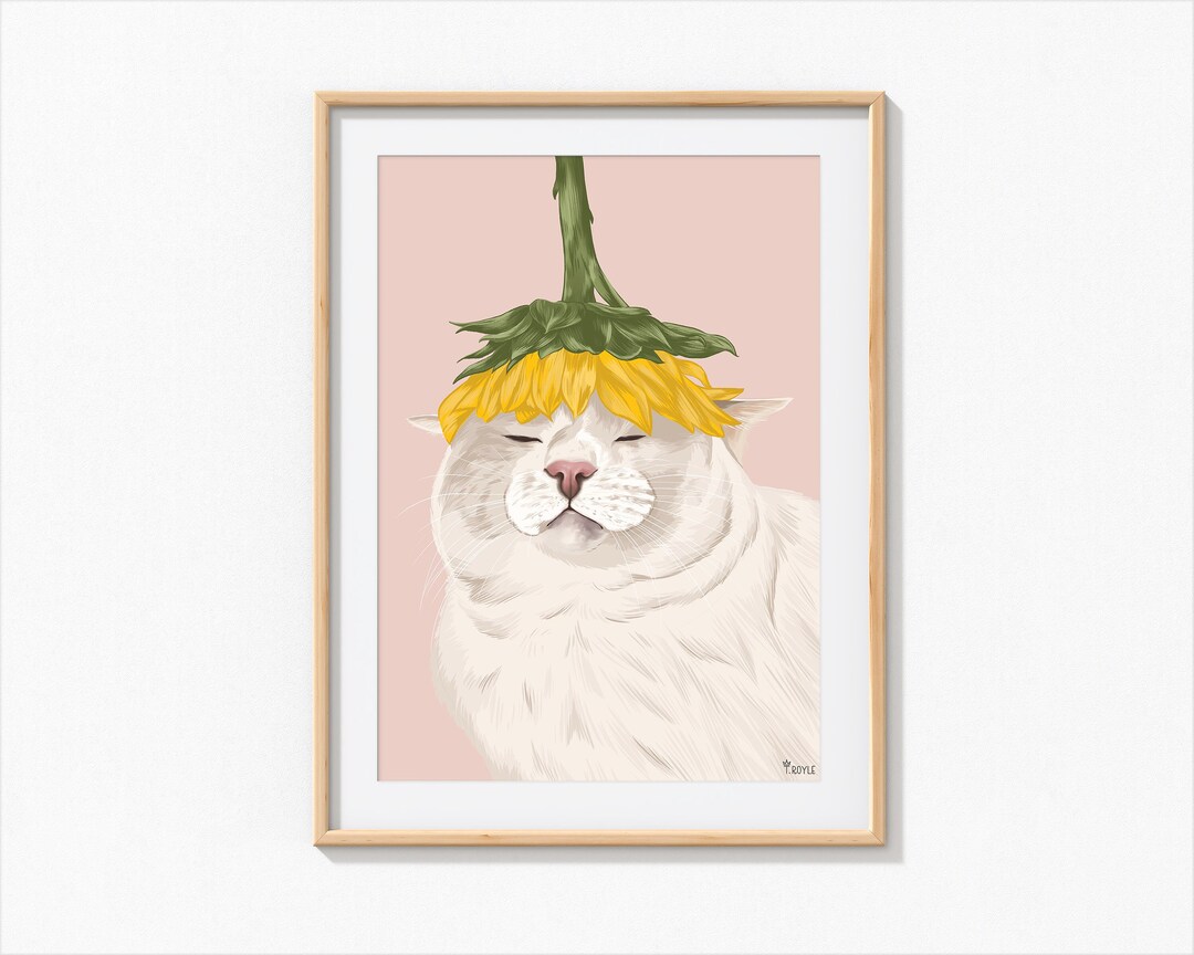 Flower Cat Print, Cat Art, Sunflower Cat Print, Cute Cat Art, Funny Cat ...