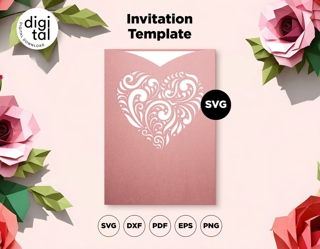 Heart Wedding Invitation Laser Cut Card Template, SVG Invitation ...