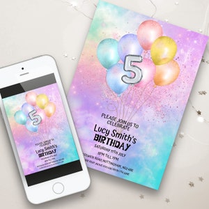 5th Birthday Invitation Rainbow Balloon Printable Invite for Boy ...