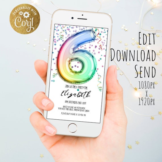 Electronic 6th Birthday Invitation Digital Invitation Rainbow | Etsy
