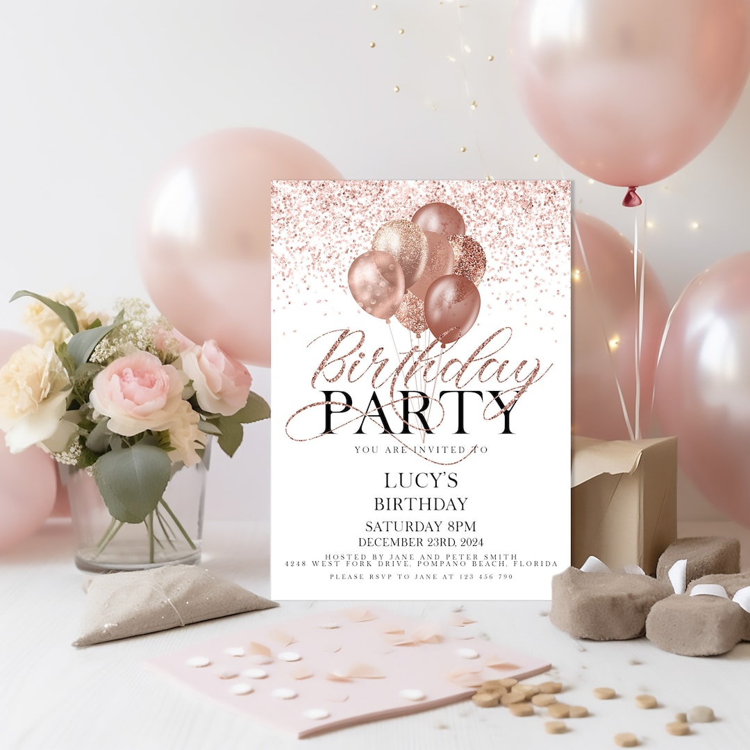 Rose Gold Birthday Invitation Download Balloons Glitter Party Invite ...