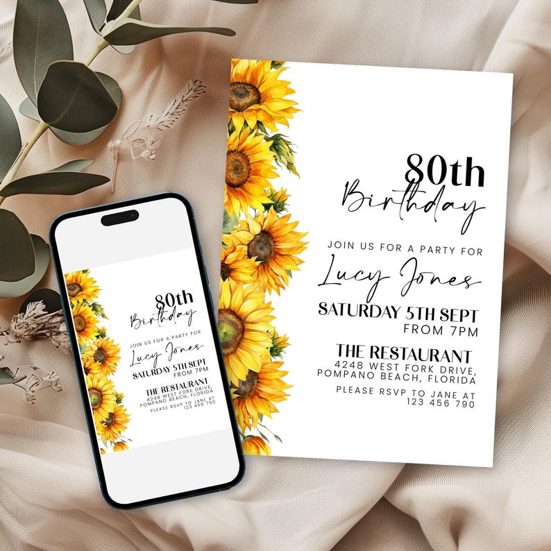Editable 80th Birthday Invitation Template, Printable Floral Sunflower ...