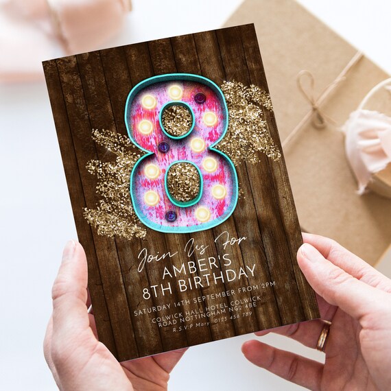 8th Birthday Invitation Editable Template Marquee Glitter Rustic Dark ...