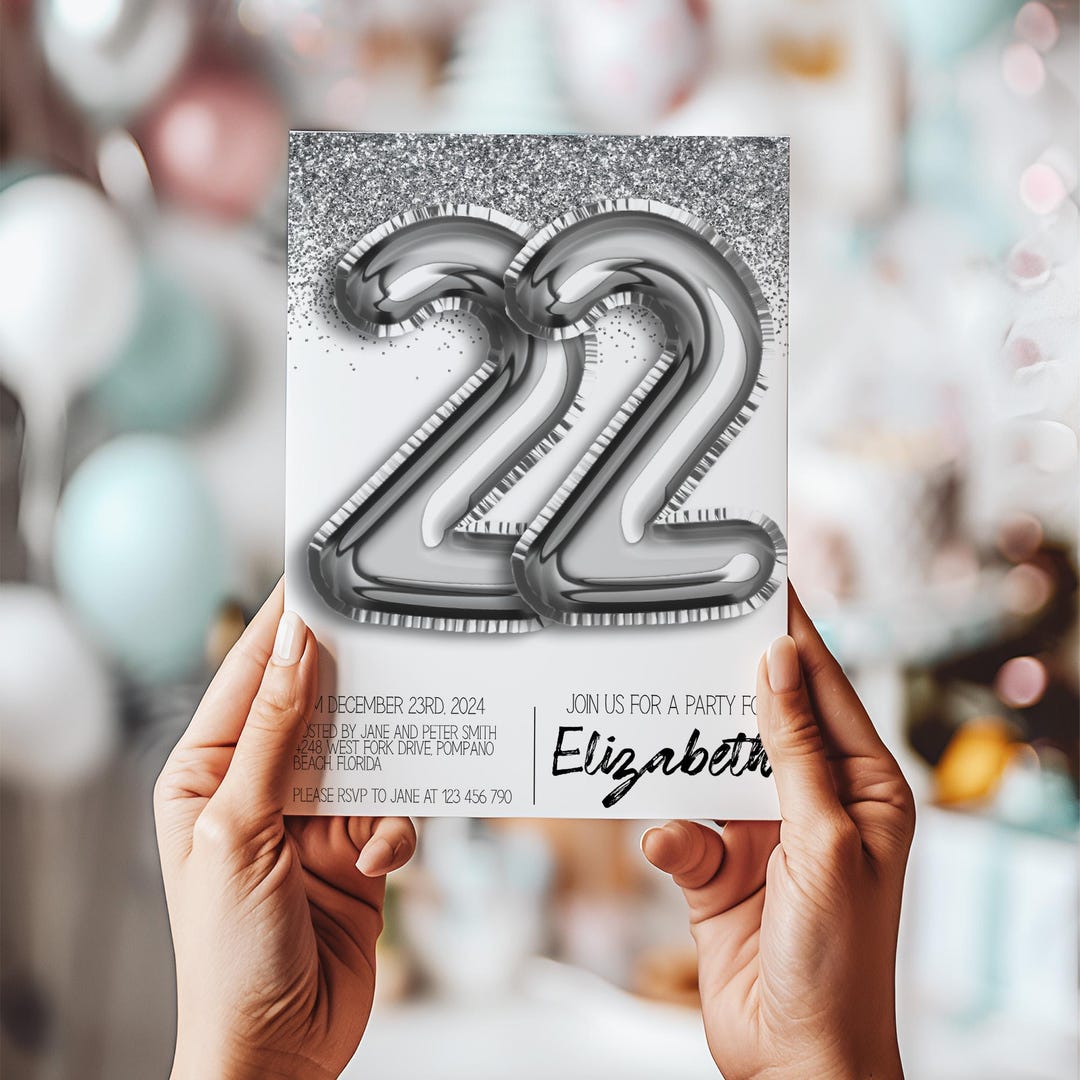 Silver 22nd Birthday Party Invitation | Editable Balloon Design ...