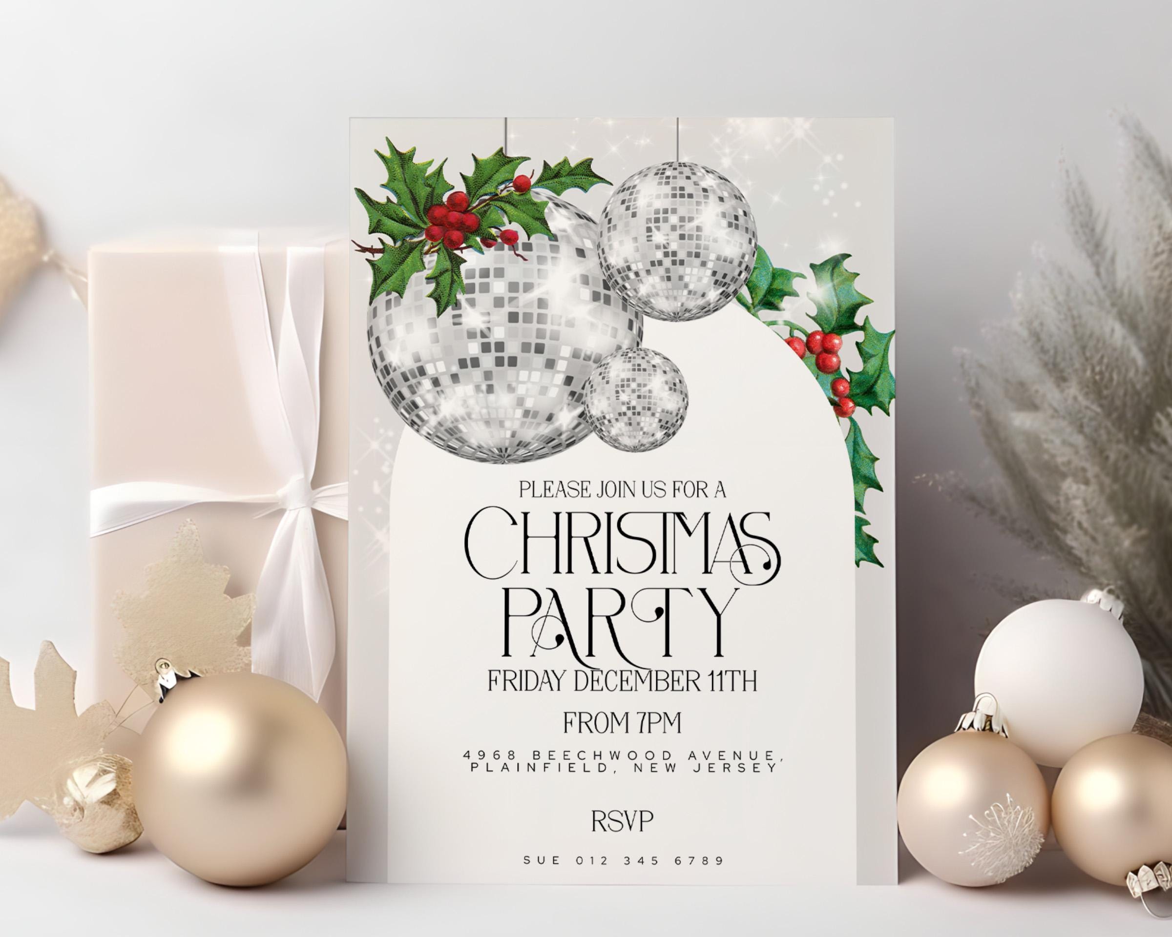 Christmas Party Invite With Info Card Editable Disco Ball Corjl ...