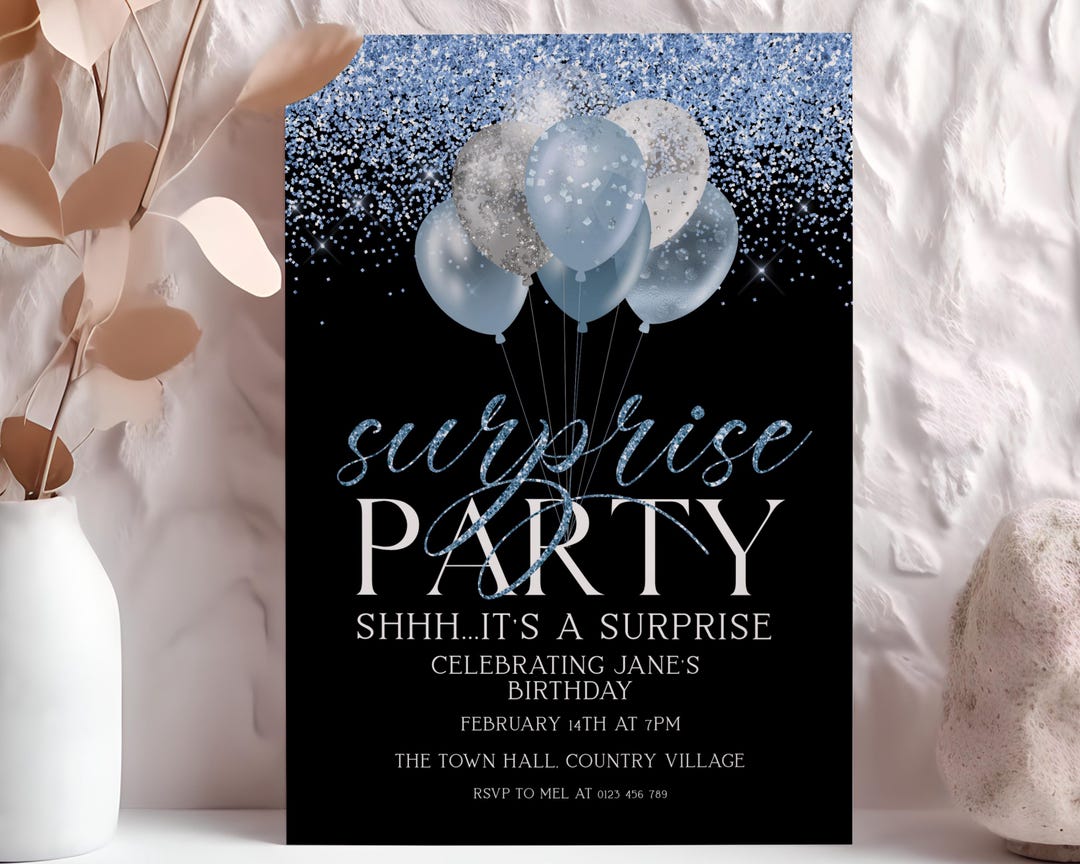 Blue Surprise Birthday Party Invitation Glitter Balloons Editable Corjl ...