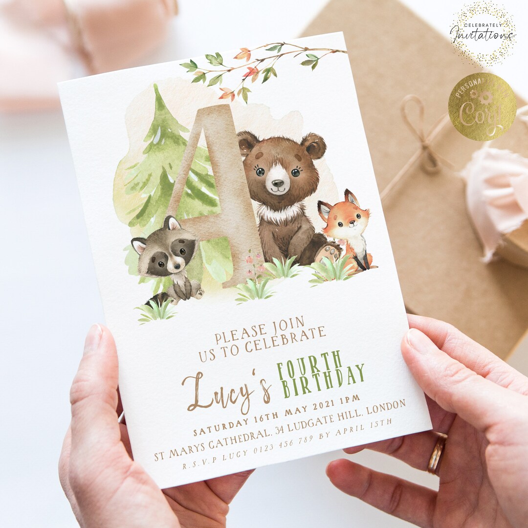 Editable Woodland 4th Birthday Invitation Woodland Animals Birthday ...