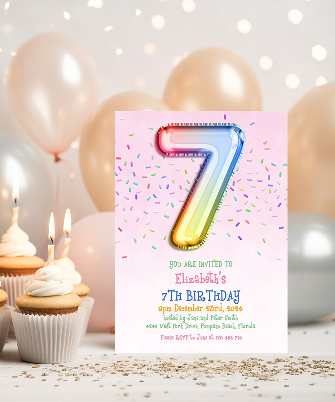 7th Rainbow Birthday Invitation Editable Template Rainbow Balloon ...