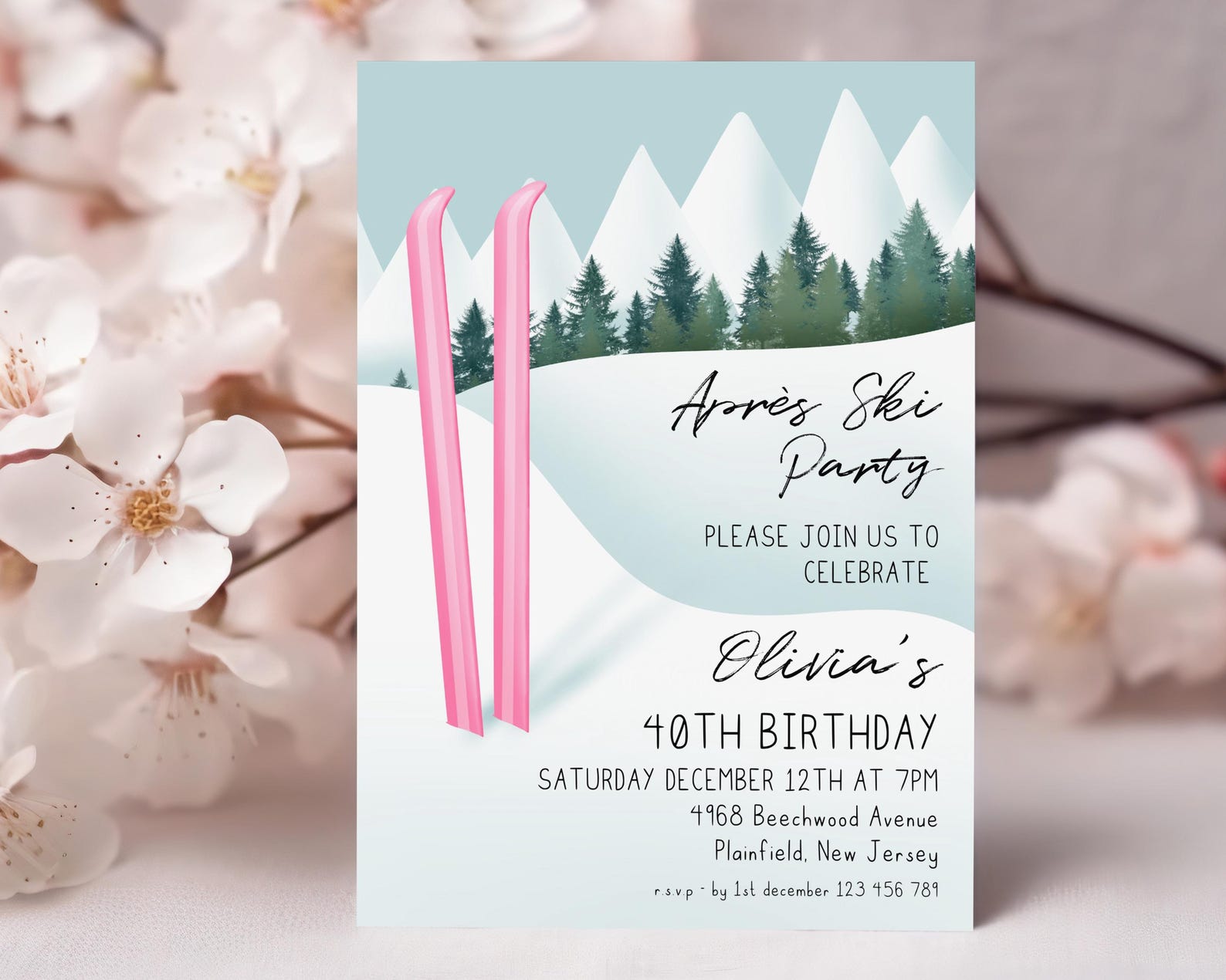 Après Ski Party Invitation – Editable Pink Ski 40th Birthday Invite ...