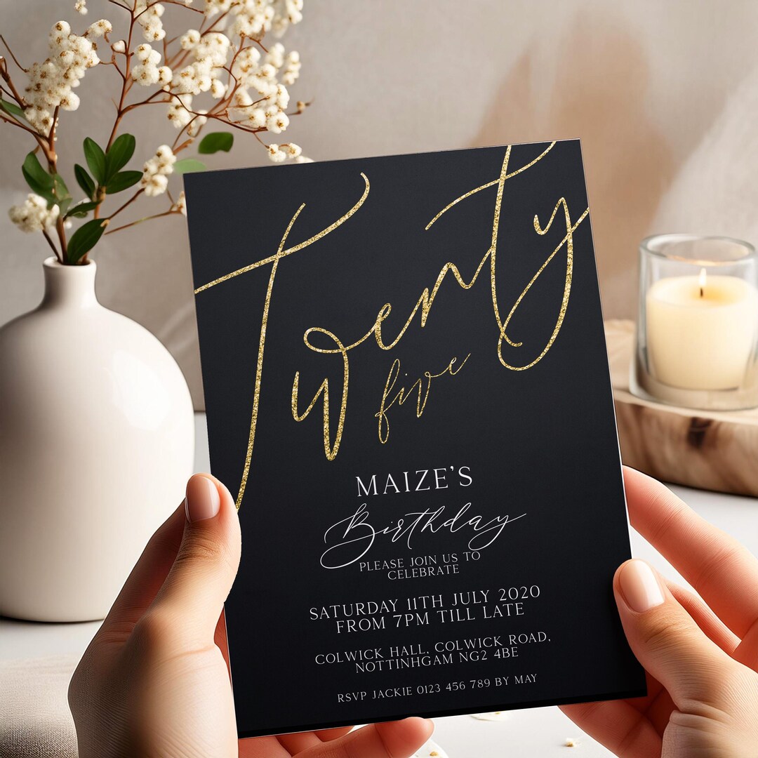 25th Birthday Invitation Template, Elegant Black and Gold Party Invite ...