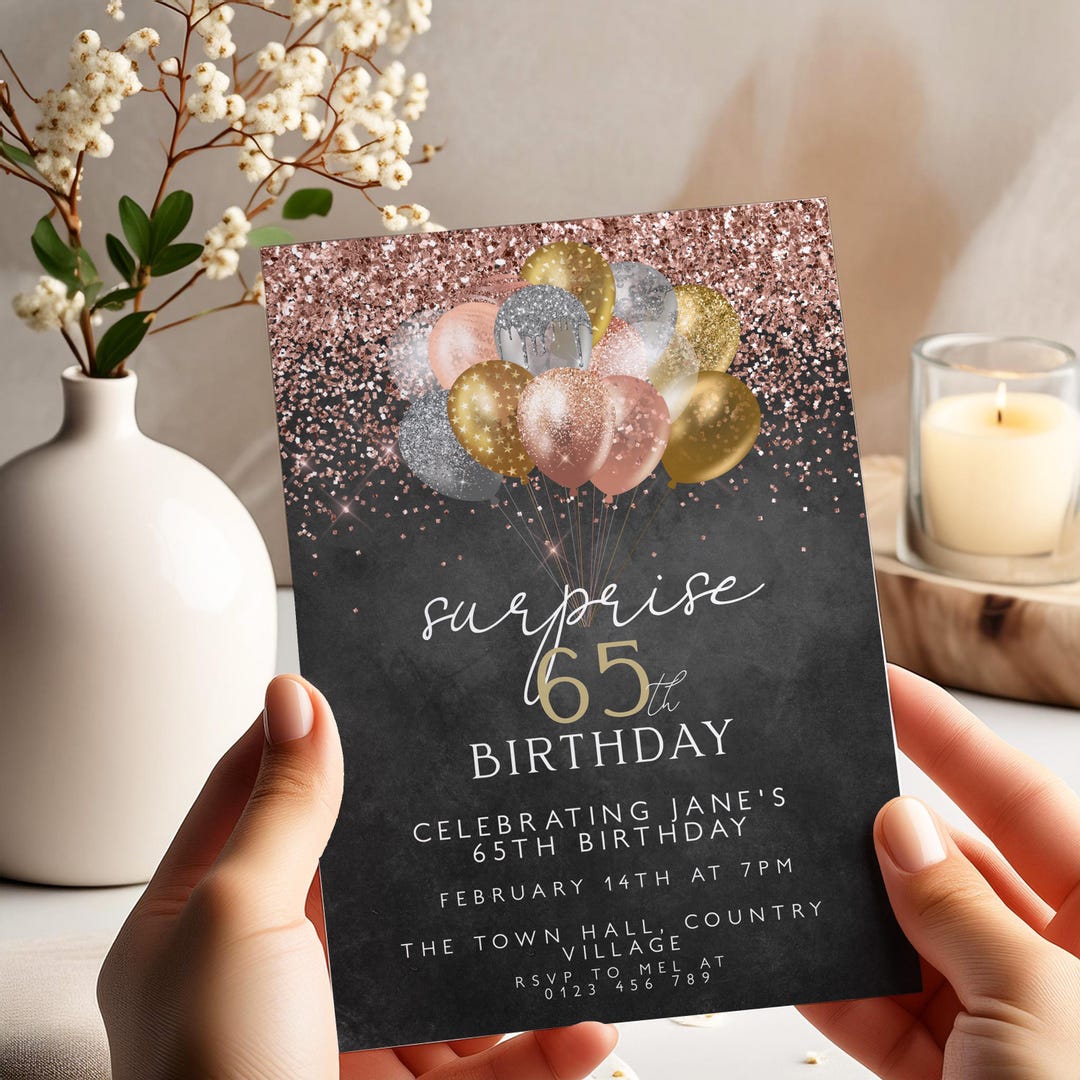Surprise 65th Birthday Invitation Editable Template Rose Gold Glitter ...
