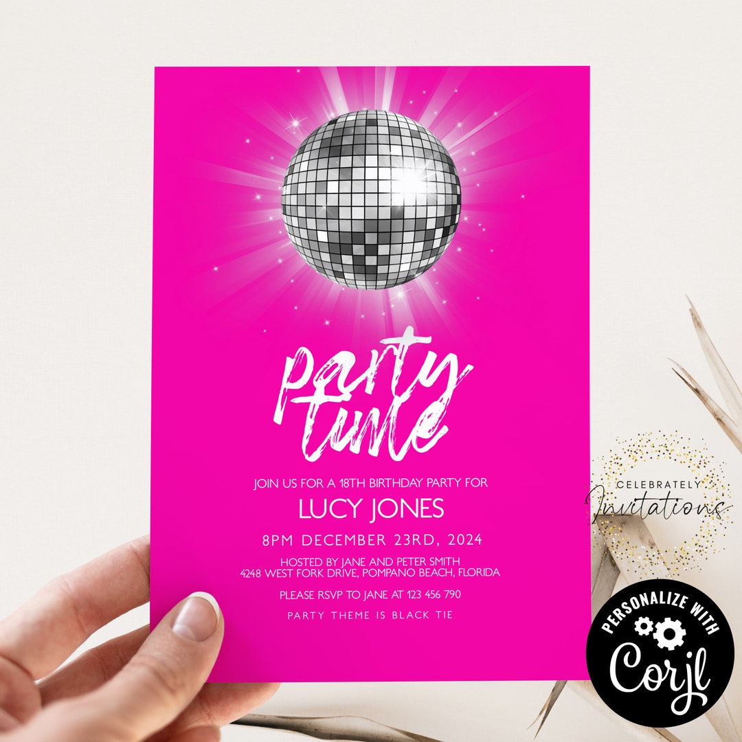 Disco Ball Invitation Party Time Silver Birthday Invitation Template ...
