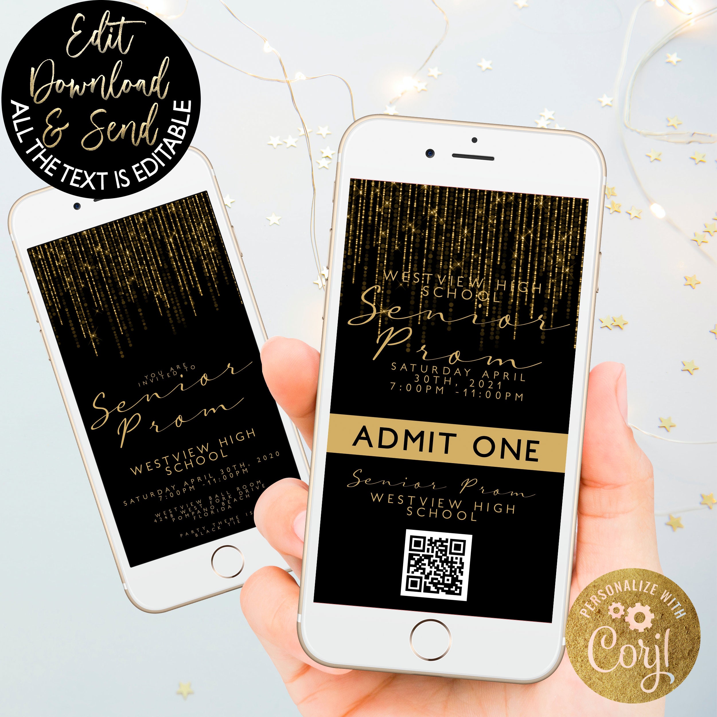 Senior Prom Digital Invitations and Digital Tickets Black Gold - Etsy