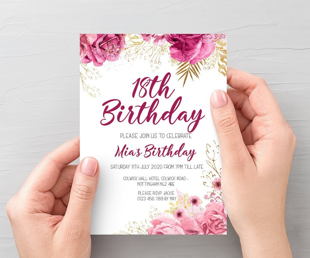 18th Birthday Invitation in Pink and Gold Flowers Birthday Invitation ...