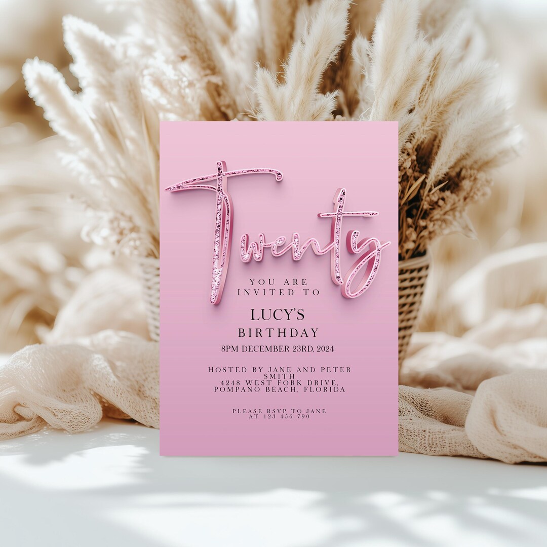 20th Birthday Invitation Editable Invite Pink Sparkly Invitation Simple ...