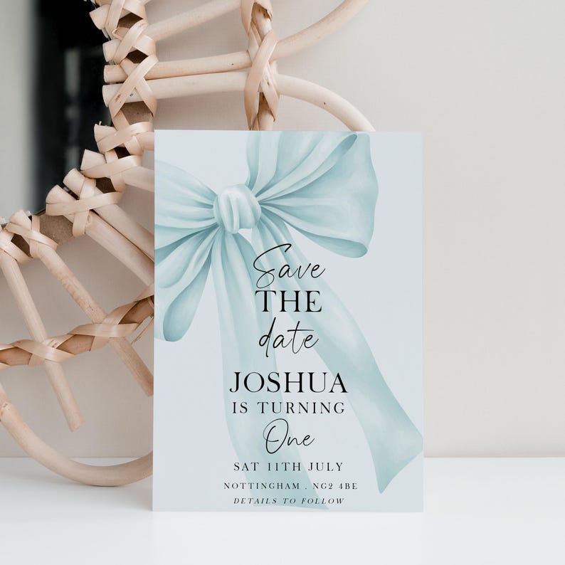 Blue Bow Save the Date Birthday Invitation, Printable Editable Baby Boy ...