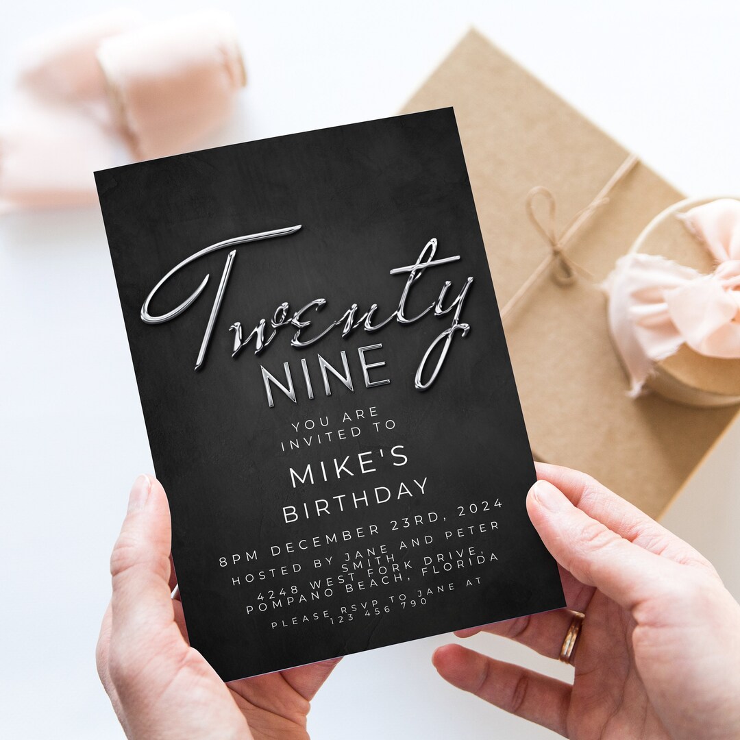 29th Birthday Invitation Editable Any 20s Age Invite Black Silver ...