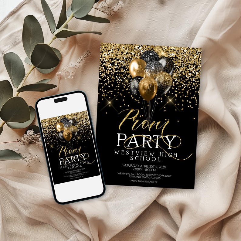 Editable Black and Gold Prom Invitation, Senior Prom Ticket and Party ...