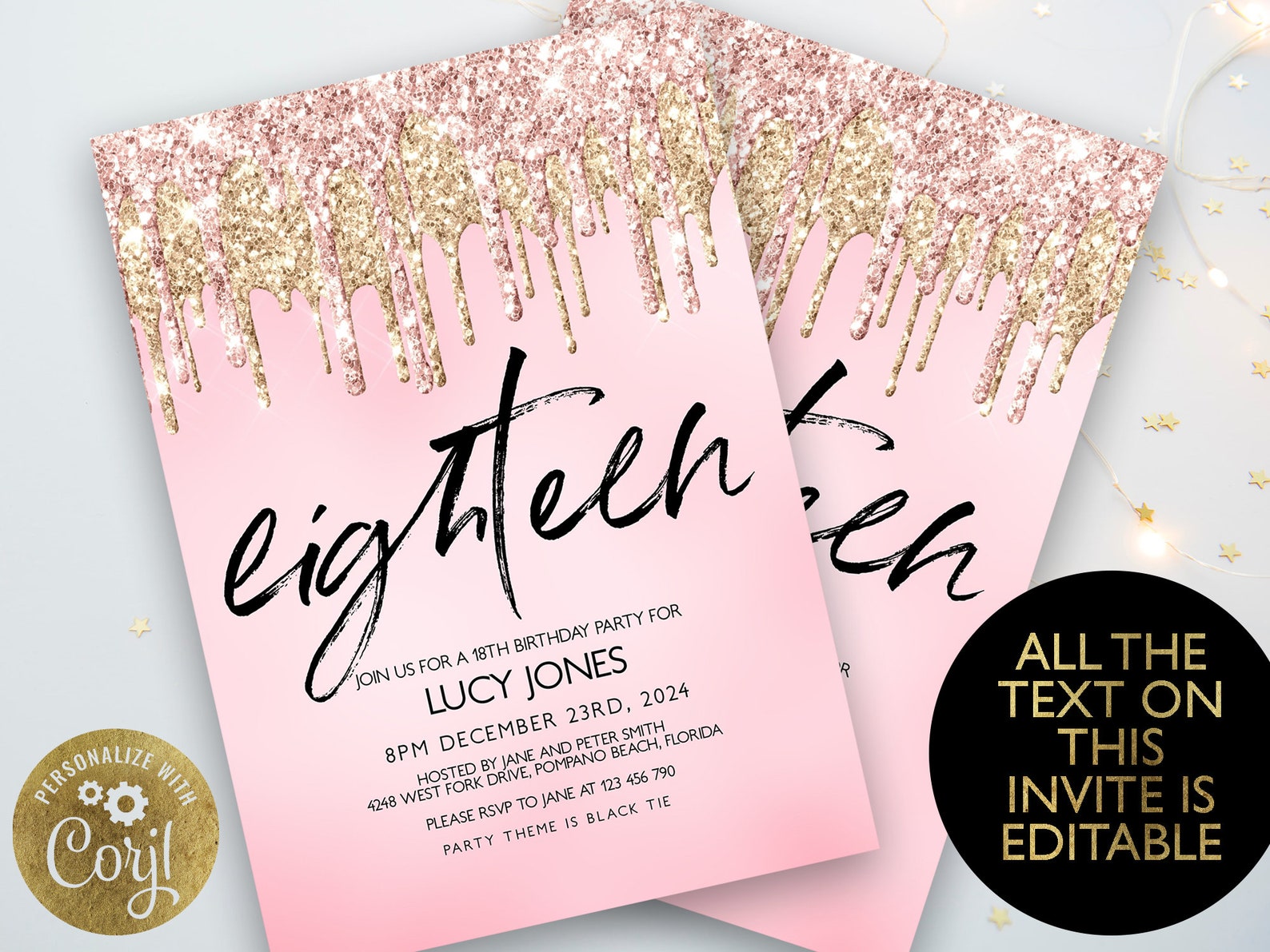 Editable 18th Birthday Party Invitation 18th Invite Rose Gold Glitter ...