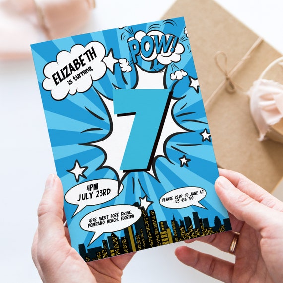 Blue Comic Birthday Invitation, Edit the Age, Editable Printable Comic ...